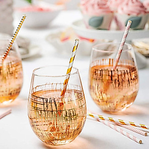 Comfy Package, [200 Pack] Pink & Gold Paper Drinking Straws 100% Biodegradable Multi-Pattern Party Straws For Birthday, Wedding, Bridal, Baby Shower, And Holiday Decoration