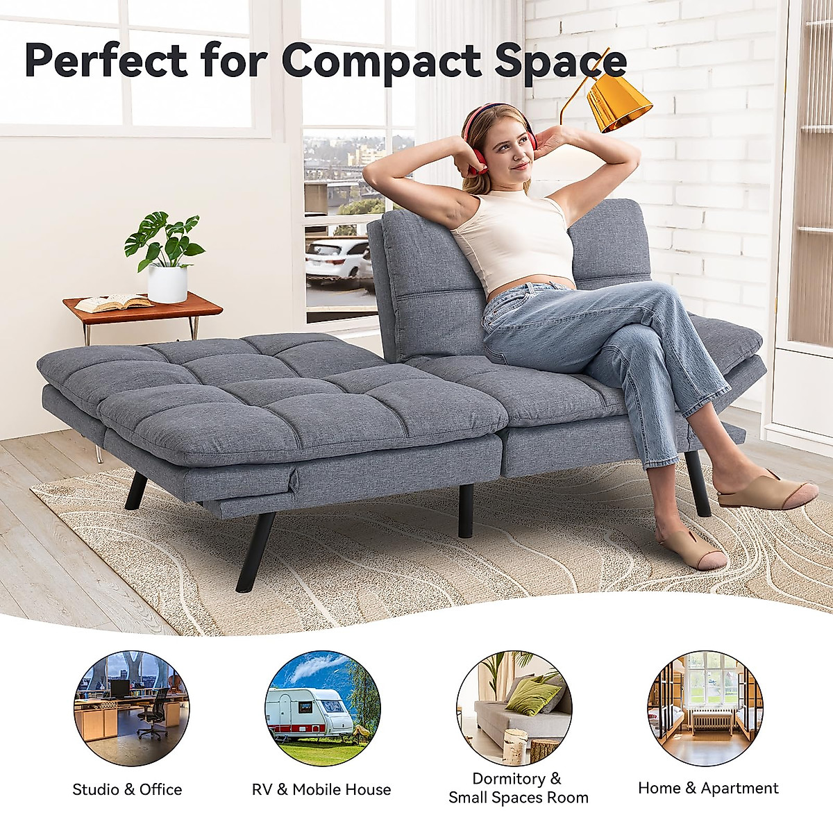 Hcore Convertible Couch, Memory Foam Futon Sleeper, Loveseat Sofa Bed Sofabed, Dark Grey