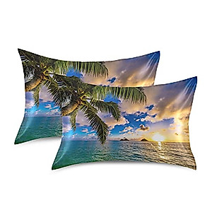 Tropical Beach Sea Sunrise Palm Tree Satin Pillowcase Silk Pillow Case for Hair and Skin Pillow Covers with Envelope Closure,Standard Size 20x26 Inch