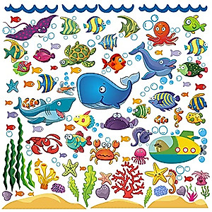 122 Pcs Under The Sea Fish Wall Decals for Kids and Toddlers' Bathroom and Nursery, Easy Peel and Stick Stickers with Turtles, Dophins, Corals, and More, Removable Ocean Themed Décor