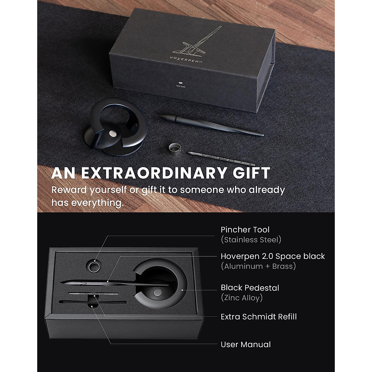 novium Hoverpen 2.0 - Futuristic Luxury Pen Made With Aerospace Alloys, Unique Aesthetic, Free Spinning Executive Pen, Cool Gadgets, Valentines Day Gifts for Men & Women (Space Black, Basic)