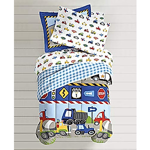dream FACTORY Trucks Tractors Cars Boys 5-Piece Bedding Comforter Sheet Set, Twin Blue Red Multi