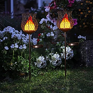 Hapjoy Torch Solar Garden Lights Outsides 2 Pack Pathyway Solar Stakes Flame Lanterns Outdoor Waterproof Garden Decor LED Flickering Light Decorations for Yard, Patio or Lawn