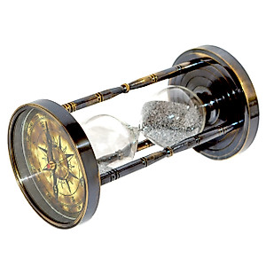 Hassanhandicrafts Antique Brass & Glass Black Sand Timer Hourglass Nautical Maritime SandTimer Compass on Both Side CompassCollectible, Shelf Desk Decor
