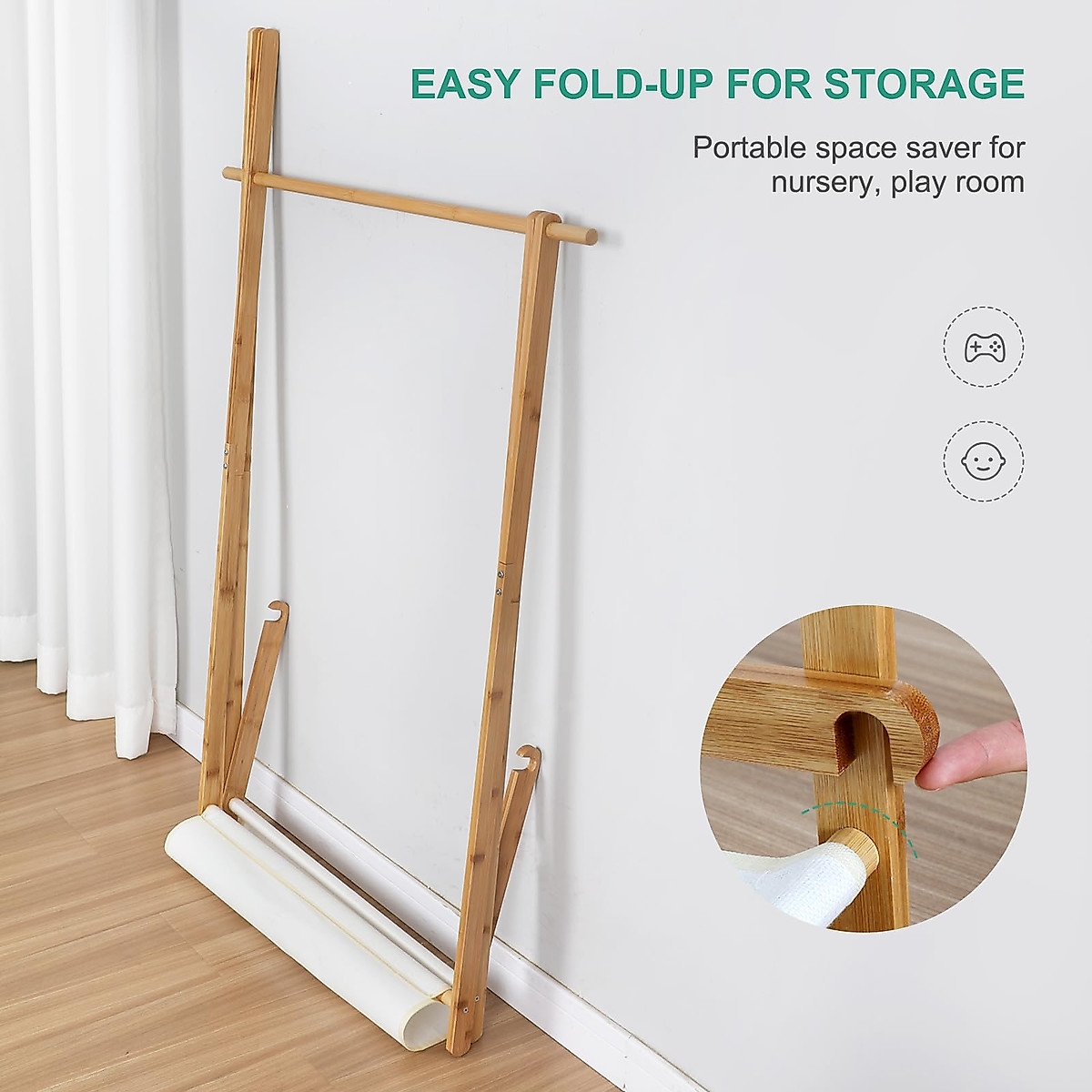 Jotsport Bamboo Kids Dress Up Rack Foldable Kids Clothing Rack with Farbic Storage Small Open Wardorbe Closet for Play Room, Nursery, Baby Shower
