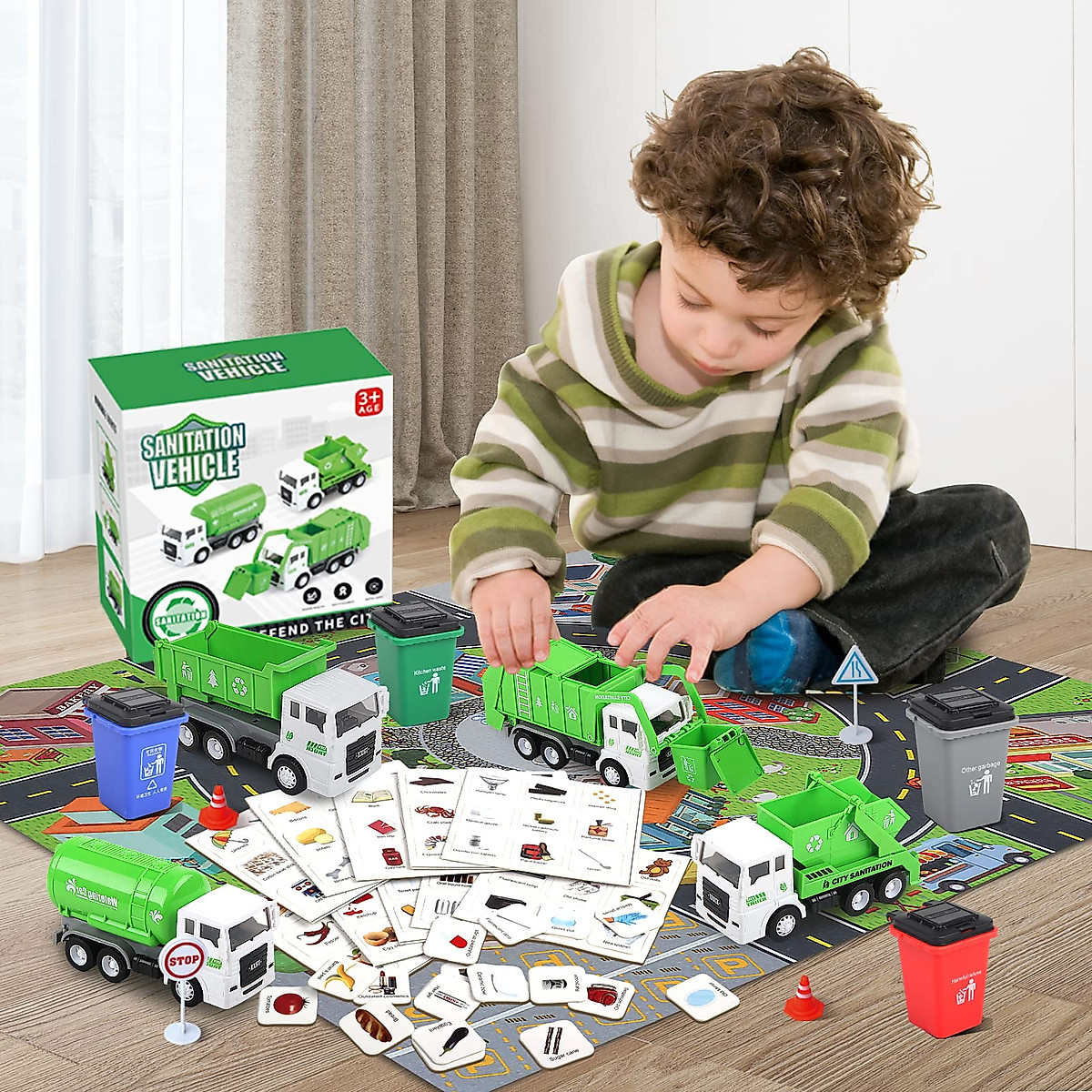 Y.L. DOYMX Toy Garbage Truck - Trash Truck Toys w/Play Mat, 4 Pcs 6 Inch Friction Powered Small Garbage Truck Toy, 8 Signposts, 4 Trash Bins with 108 pcs Trash Cards for Boys Age 3+ Toddlers Kids Gift