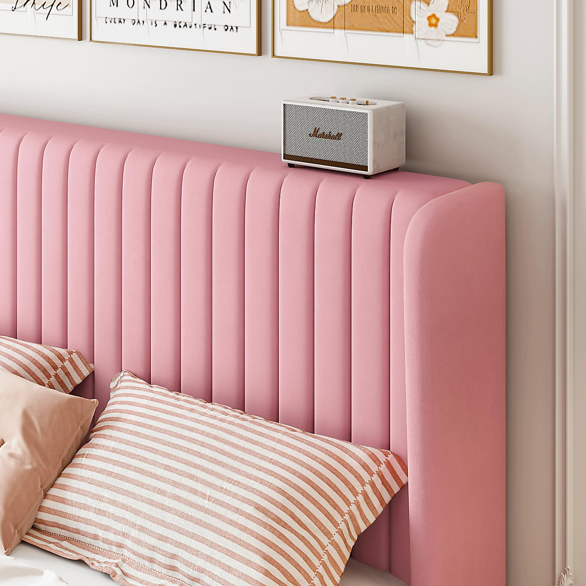 SHA CERLIN Full Size Velvet Bed Frame with Vertical Channel Tufted Wingback Headboard, Upholstered Platform Bed with Wood Slats, No Box Spring Needed, Easy Assembly, Pink