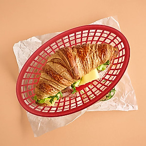 Cezoyx 50 Pack Red Fast Food Basket, 8.9 x 5.6 x 1.5 inch Oval Bread Fry Baskets Plastic Food Serving Tray for Fast Food Restaurant Supplies, Deli Serving, Chicken, Burgers, Sandwiches, Fries