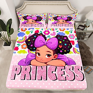Black Girls Fitted Sheet Twin Size,Princess Girl Pink Diamond Glitter Pattern Bedding Set,Cute African Style Americans Bed Sheet Kids Teens Cartoon Colorful Flower Deep Pocket Sheet,1 Pillowcase