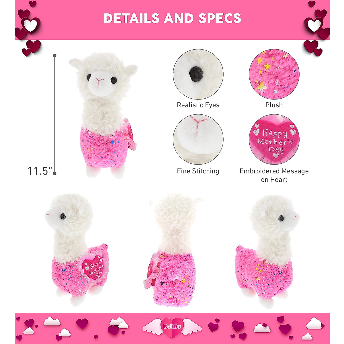 DolliBu Happy Mother's Day Super Soft Plush Sparkle Pink Llama Figure - Cute Stuffed Animal with Pink Heart Message for Best Mommy, Grandma, Wife, Daughter - 11.5" Inch