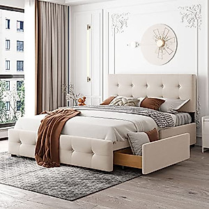Wooden Queen Bed Frame Upholstered Platform Bed with Classic Headboard and 4 Drawers, No Box Spring Needed, Linen Fabric, Queen Size Beige