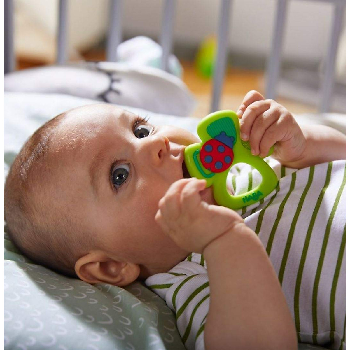 HABA Lucky Shamrock Safe Silicone Teether and Grasping Toy for Developmental and Sensory Play for Babies 6 Months and Up - Dishwasher Safe