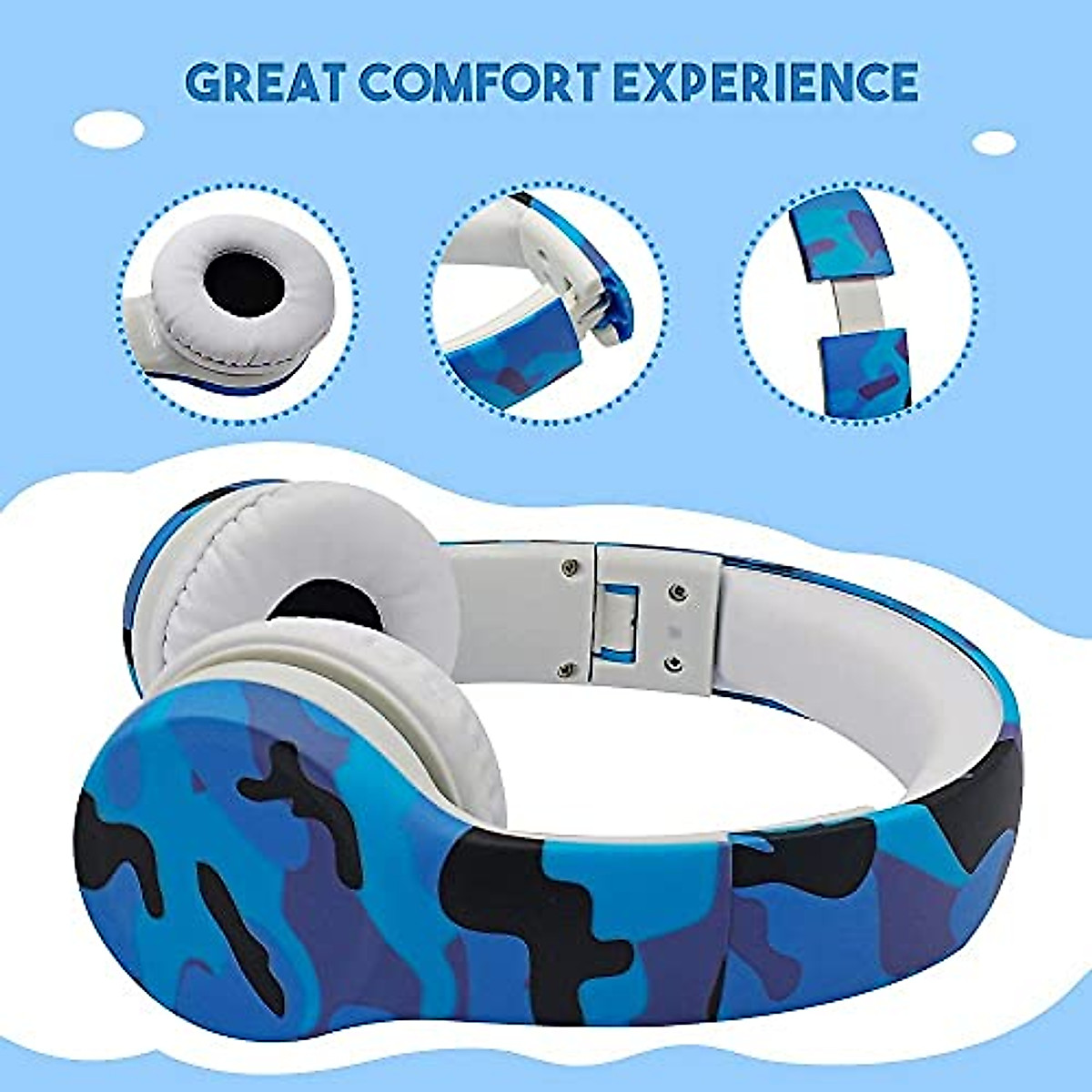 YUSONIC Kids Headphones with Graphic Design, Two Audio Port for Sharing 85 db Toddler Headphones for Kids with mic Boys Girls Baby Children Toddlers School Travel use (camo Blue)