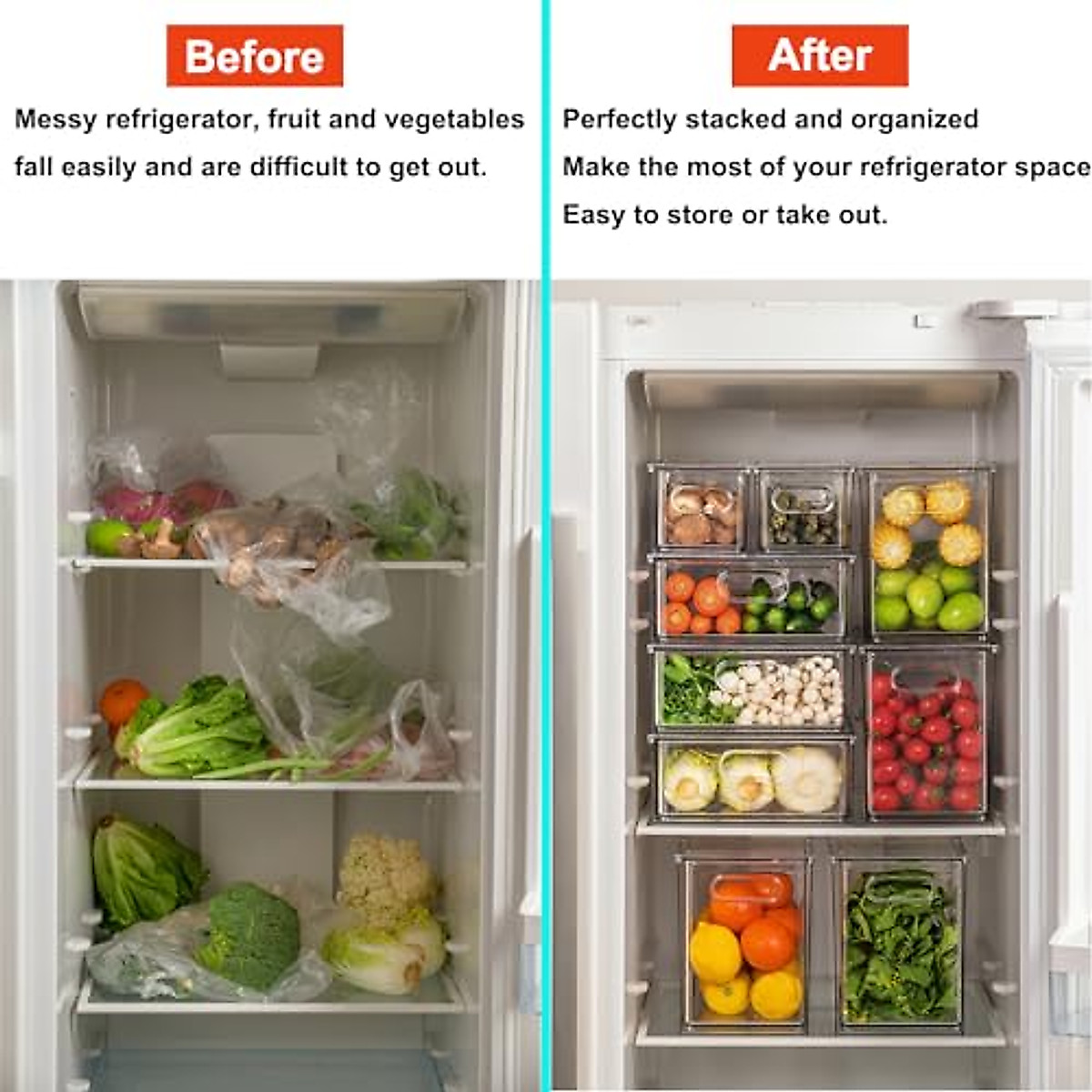 Taiuloo Refrigerator Organizer Bins with Pull-out Drawer, Clear Stackable Fridge Drawer Organizer Set, BPA-free Large Food Storage Containers for Freezer, Cabinet, Kitchen, Pantry Organization