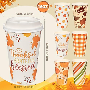 Umigy 120 Pack Fall Paper Coffee Cups 16 oz Thanksgiving Paper Hot Cup Coffee Cups Disposable with Lids and Stirrers Beverage Drinking Cup with 6 Designs for Juice Water Coffee Tea for Home Shops