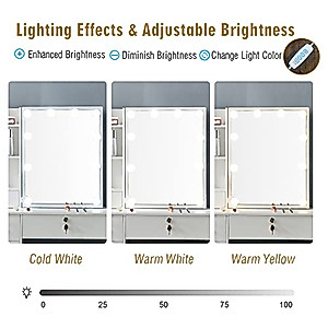 YAMISSI Hollywood Vanity Desk Set with10PCS LED Bulbs, 3 Color Modes and 6 Powerful Drawers, Dressing Table with Sliding Mirror and Cushion Stool for Girls and Women. White