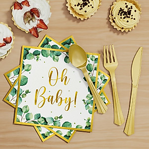Ecomore Sage Greenery Baby Shower Party Supplies - 175 PCS Boho Neutral Disposable Dinnerware Set (25 Guest) with OH Baby Paper Plates Napkins Cup Plastic Fork Knives Spoon for Boy Girl Birthday Party