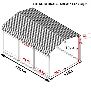 MUPATER 10 x 15 FT Metal Carport, Outdoor Heavy Duty, Garage Car Shelter Shade with Metal Roof, Frame and Bolts for Car, Truck and Boats, Grey