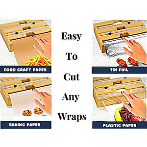 FORTBIT Foil and Plastic Wrap Organizer with Cutter - 3in1 Natural Bamboo Wooden Plastic, Wax, Parchment, Aluminum Foil and Plastic wrap Dispenser with Cutter - 12" Kitchen Wrap Dispenser for Drawer
