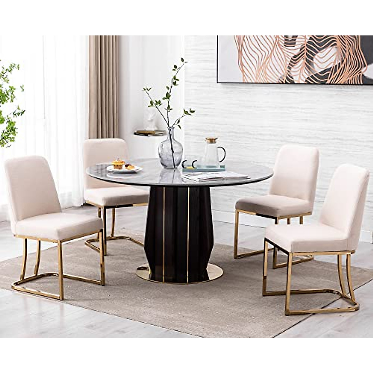 VESCASA Linen Upholstered Dining Chairs with Back, Mid Century Modern Dining Chairs with Gold Metal Frame for Dining Room, Restaurant, Kitchen, Set of 6, Cream