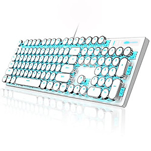 Camiysn Typewriter Style Mechanical Gaming Keyboard, White Retro Punk Gaming Keyboard with Blue Backlit, 104 Keys Blue Switch Wired Cute Keyboard, Round Keycaps for Windows/Mac/PC
