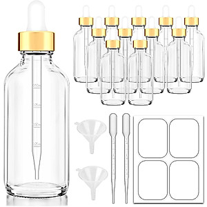 Bumobum Dropper Bottles, 4oz Clear Glass Eye Dropper Bottle for Essential Oils with Labels and Funnels, 12 Pack Tincture Bottles with Golden Top (Unbreakable Plastic Dropper with Measurements)