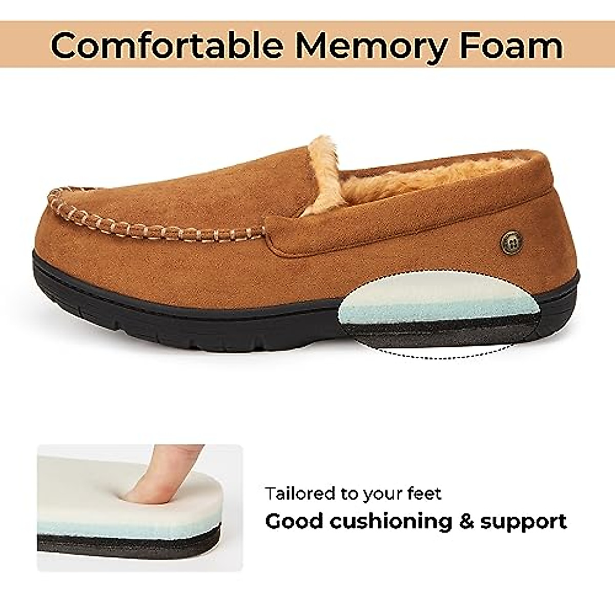 HomeTop Men's Classic Memory Foam Moccasin Slippers, Warm Comfy Microsuede House Shoes for Indoor Outdoor Chestnut, 11 US