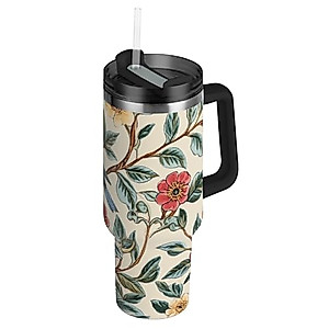 Selerdon 40 oz Tumbler Flowers Birds with Handle and Straw Lid Vacuum Stainless Steel Insulated Water Bottle Travel Mug Car Cup Holder Friendly BPA Free for Gym Travel Office