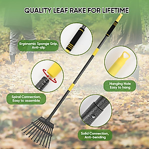Coopvivi Garden Leaf Rakes, 6FT Rakes for Lawns Heavy Duty 11 Metal Tines 9 inch Wide, Adjustable Long Steel Handle, Small Shrub Rake, Gathering Leaves (Black)