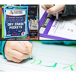 Dry Erase Pockets 12pc [10” x 13”] +Free PENS +Bonus 900 Downloadable Worksheets! Write and Wipe Reusable Plastic Sheet Protectors for Classroom Organization & Teaching Supplies by Teachers Toolbox