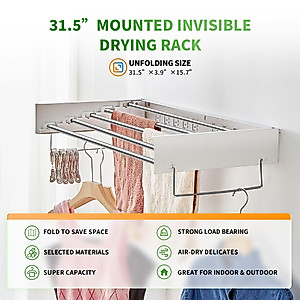 Heshecein Clothes Drying Rack for Laundry,Wall Mounted Collapsible Laundry Drying Rack,5 Stainless Steel Rods,Folding Indoor/Outdoor Drying Rack Clothing,Towel Drying Rack,White,31.5" Wide