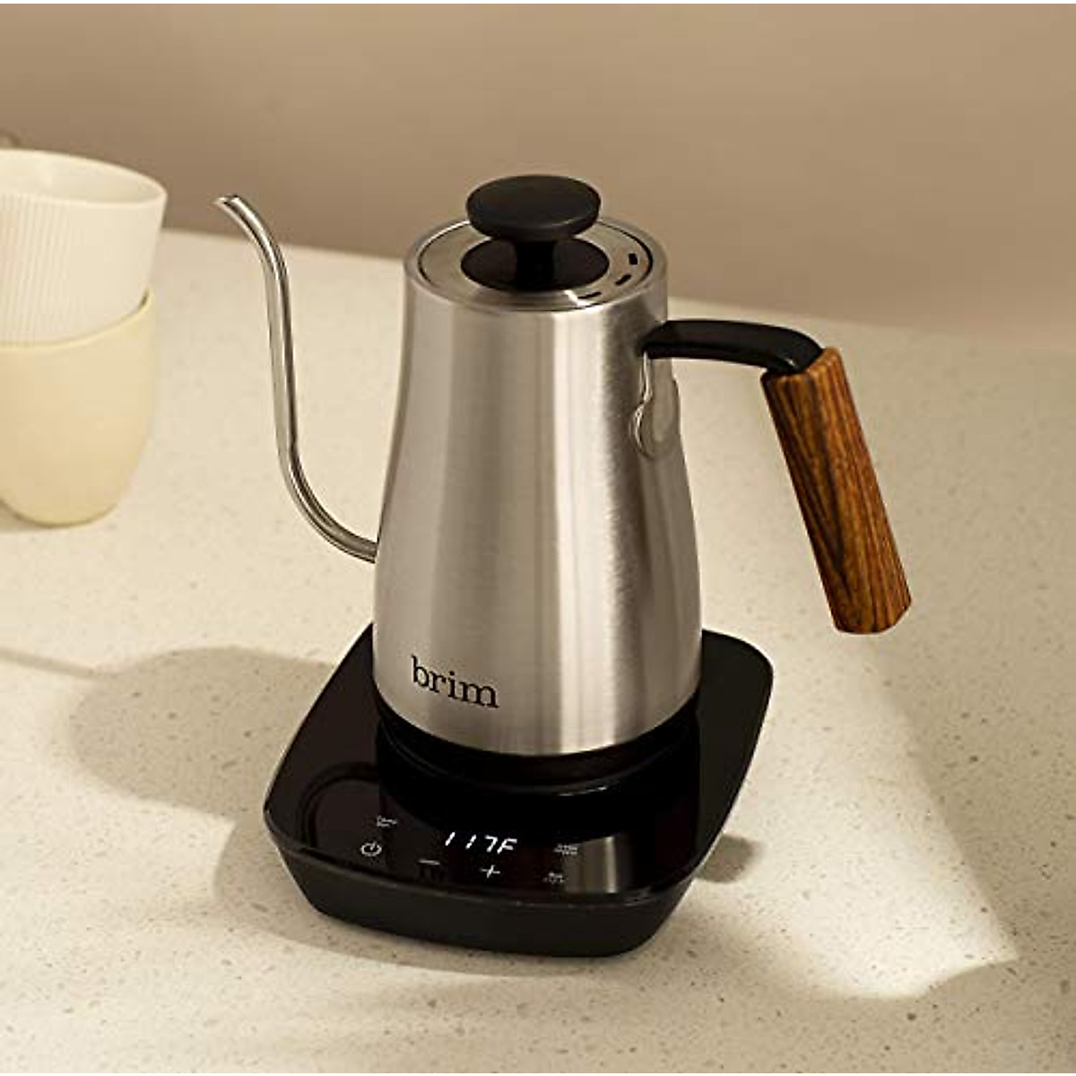 Brim 0.8L Gooseneck Kettle w Wood Handle, Easy Brewing Pour Over Coffee, Tea or Hot Beverages, 6 Variable Temperature Presets, Capacitive Smart Touch Interface, Cordless Power Base, Stainless Steel
