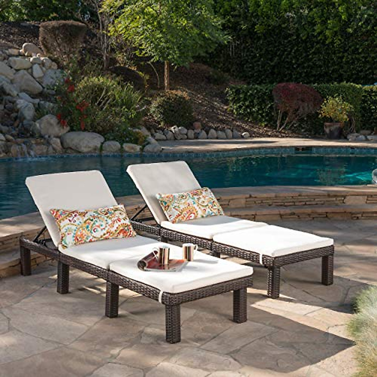 Christopher Knight Home Jamaica Outdoor Wicker Chaise Lounge with Water Resistant Cushion, 2-Pcs Set, Multibrown / Cream