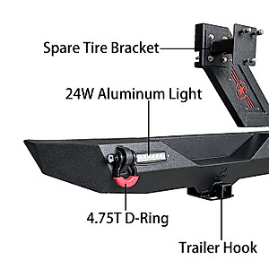 TIOYAR Rear Bumper Off-Road Compatible with 2007-2017 Jeep Wrangler JK & JKU w/Tire Carrier Linkage & LED Lights