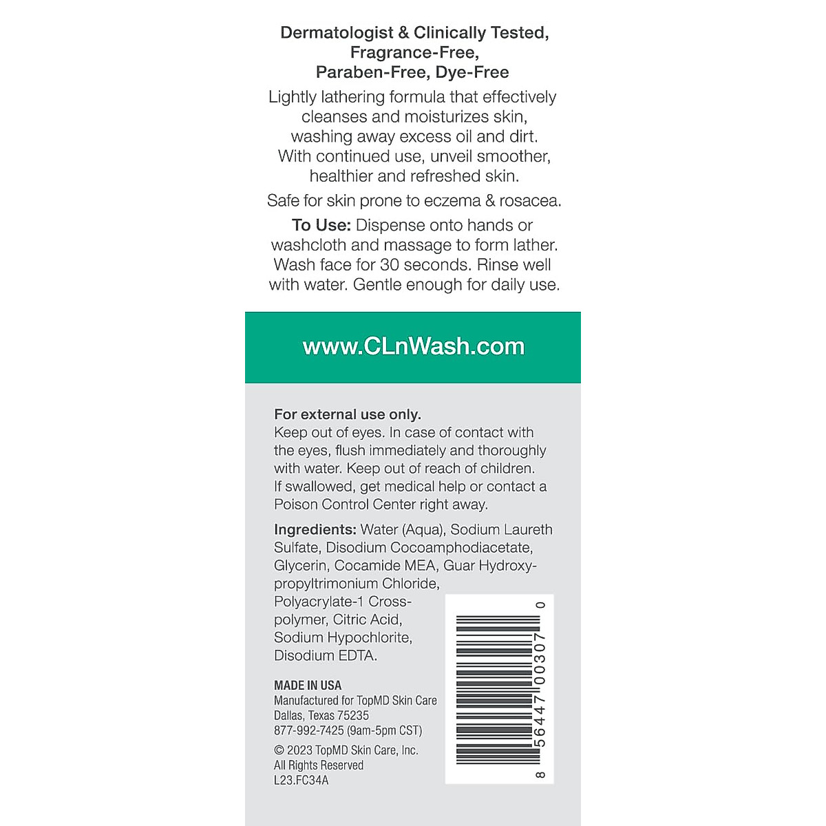 CLn® Facial Cleanser - Hydrating Facial Cleanser with Glycerin, For Skin Prone to Dryness, Eczema, Redness, Irritation & Acne Sensitivity, Fragrance-Free & Paraben-Free, 3.4 fl. oz.