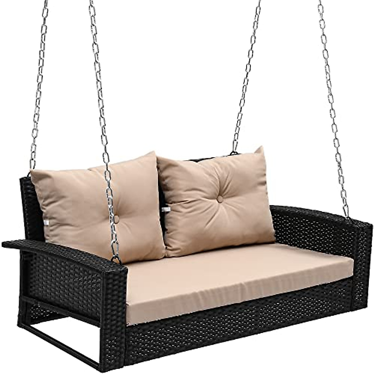 YITAHOME 2-Seats Wicker Hanging Porch Swing Chair Outdoor Black Rattan Patio Swing Lounge w/ 2 Back Cushions Capacity 530lbs for Garden, Balcony, Living Room, Beige