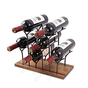 ALLCENER Countertop Bottle Rack, Tabletop Wood Bottle Holder, Hold 6 Bottles, Perfect for Home Decor & Kitchen Storage Rack, Bar, Cellar, Cabinet, Pantry, etc, Wood & Metal (Bronze)