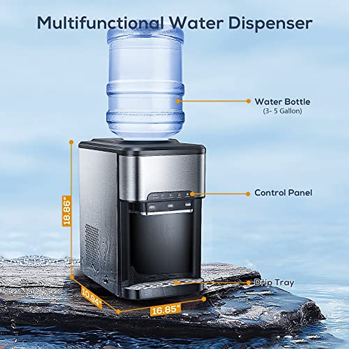 Kismile 3-1 Water Dispenser with Ice Maker, Water Cooler Dispenser 5 Gallon, Ice and Water Dispenser, Top Loading Water Dispenser 3 Temperatures Setting- Hot&Cold Water, 45 lbs/24H for Home/Office