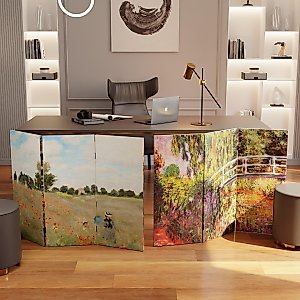 Red Lantern 3 ft. Short Double Sided Works of Monet Canvas Folding Screen 3 Panel Freestanding Partition and Separator for Modern and Contemporary Bedroom, Home Office, Studio, Dorm, Apartment