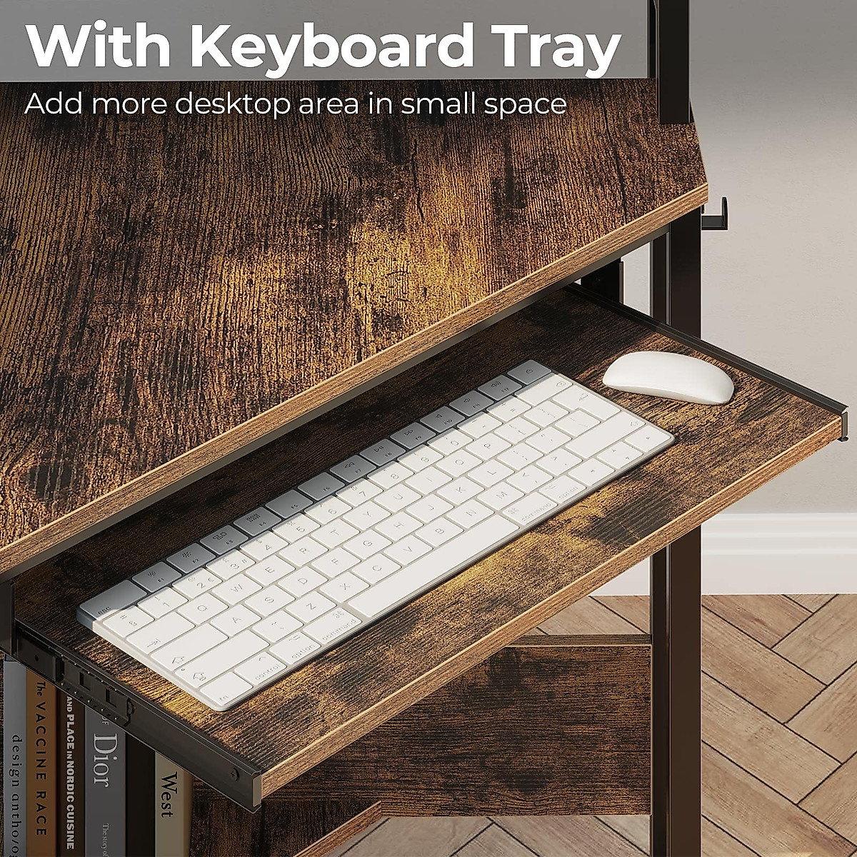 Rolanstar Corner Desk, 44.5" W x 34.5" H Small Computer Desk with Power Outlets, Gaming Desk with LED Lights, Triangle Corner Desk with Keyboard Tray & Monitor Stand for Small Space, Rustic Brown