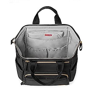 Skip Hop Diaper Bag Backpack: Mainframe Large Capacity Wide Open Structure with Changing Pad & Stroller Attachement, Black with Gold Trim