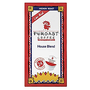 Puroast Low Acid Coffee Single-Serve Pods | House Blend | Medium Roast | Low Acid Certified | pH 5.5+ | Gut Health | Higher Antioxidants | Smooth | Compatible with Keurig 2.0 Coffee Makers (24 Count)