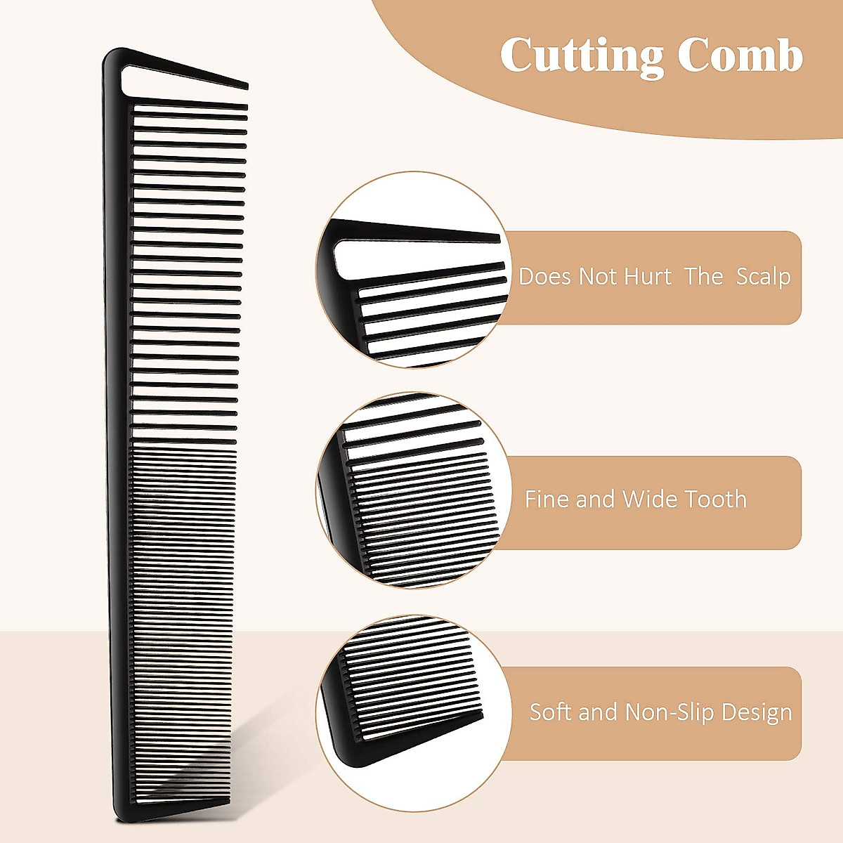 3 Pieces Carbon Fiber and Stainless Steel Hair Combs Set - Pintail, Teasing, and Parting Combs with Wide and Fine Teeth for Braids, Hair Salon, and Home Use, Black