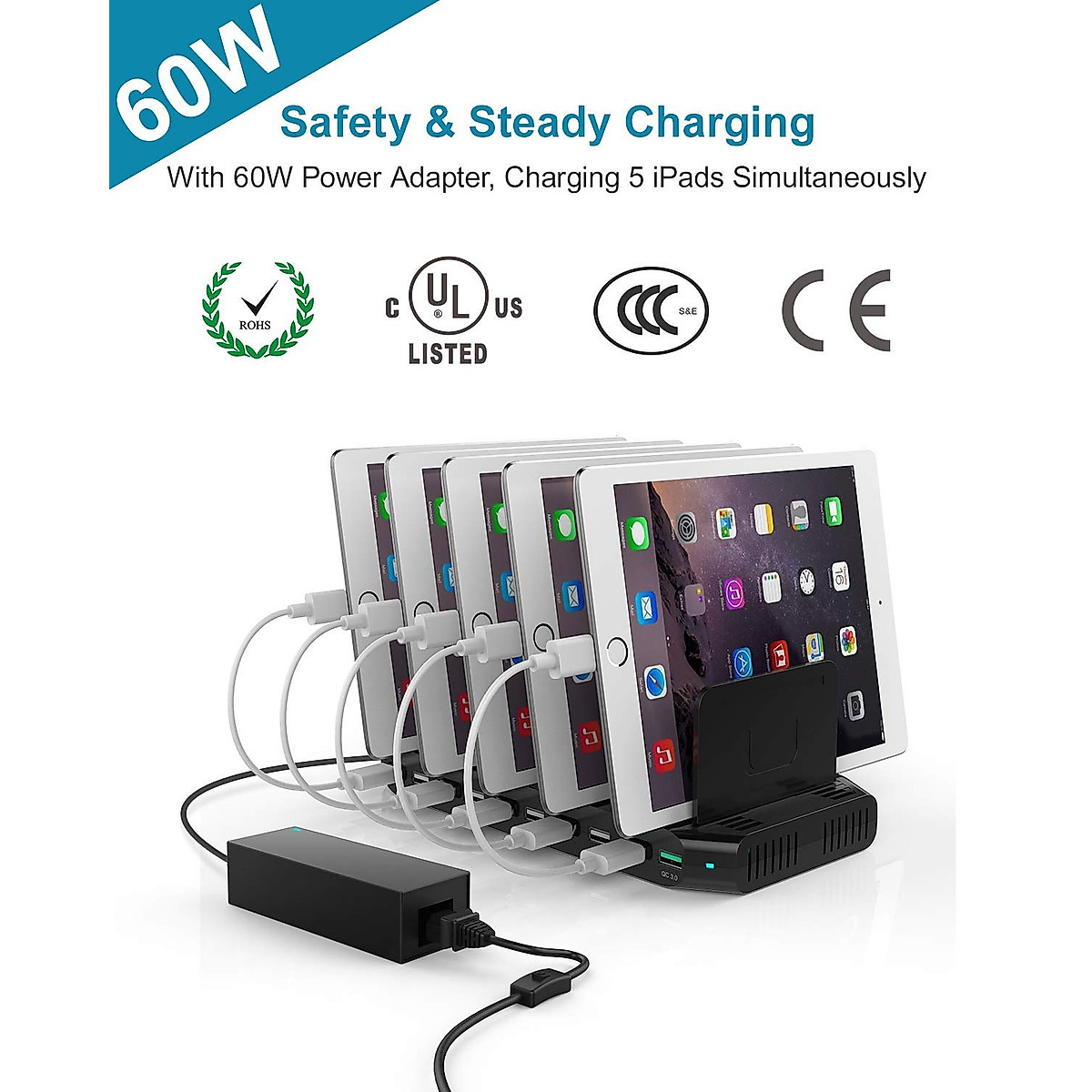 [Bundle] 4-Port USB 3.0 Hub Long Cable 48-inch with Micro USB Charging Port & QC3.0 Charging Station for Multiple Devices