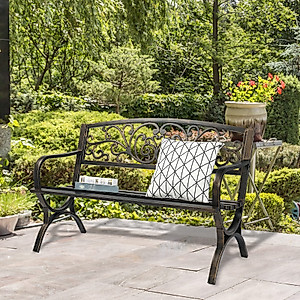 Butterfly Back Cross Feet Bronze Iron Bench, Powder-Coated Iron Outdoor Garden Bench, 50 x 23.82 x 33.27 inches, Bronze