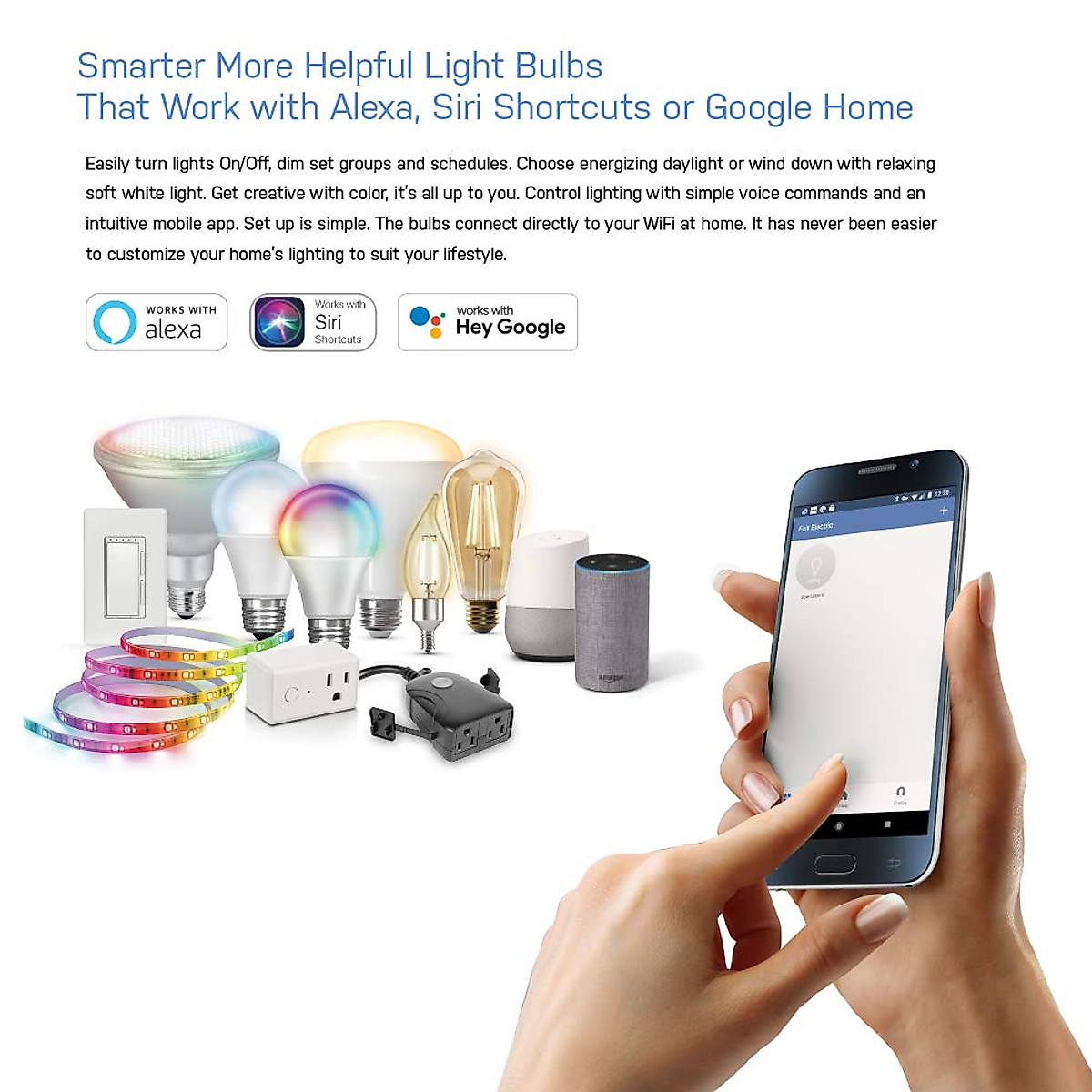Feit Electric OM60/927CA/AG 60W Equivalent WiFi Dimmable, No Hub Required, Alexa Google Assistant A19 Smart LED Light Bulb, 4.4" H x 2.3" D, 2700K Soft White
