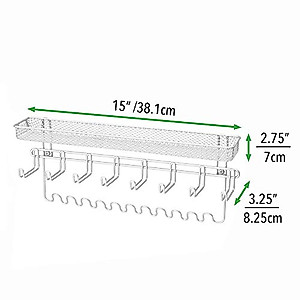 mDesign Steel Wall Mount Closet Jewelry Storage Organizer Rack Holder with 8 Hooks and Basket for Bedroom - Holds Necklaces, Bracelets, Watches, Sunglasses, Purses - Concerto Collection, White