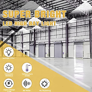 ROMMOR UFO LED High Bay Light 320W(1200W MH/HPS), 48000lm, 5000K Daylight High Bay LED Shop Lights with 5' Cable US Hook, IP65 Commercial Light Fixture for Warehouse Workshop Barn Factory