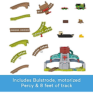 ​Thomas & Friends Toy Train Set Talking Bulstrode & Which-Way Bridge Track Playset with Sounds & Percy Engine for Kids Ages 3+ Years