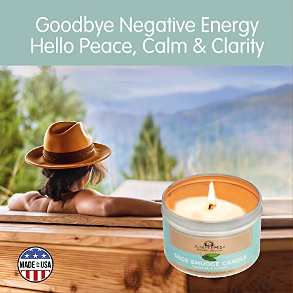 Sage Smudge Candle for Energy Cleansing, Meditation, Protection + Smokeless Alternative to Sage Smudge Sticks, Incense, Bundles + Handmade in Sedona with Soy Wax, Pure Essential Oils and Sage Leaf